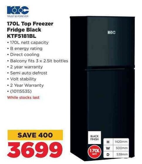 KIC 170L Top Freezer Fridge Black KTF5181BL offer at HiFi Corp