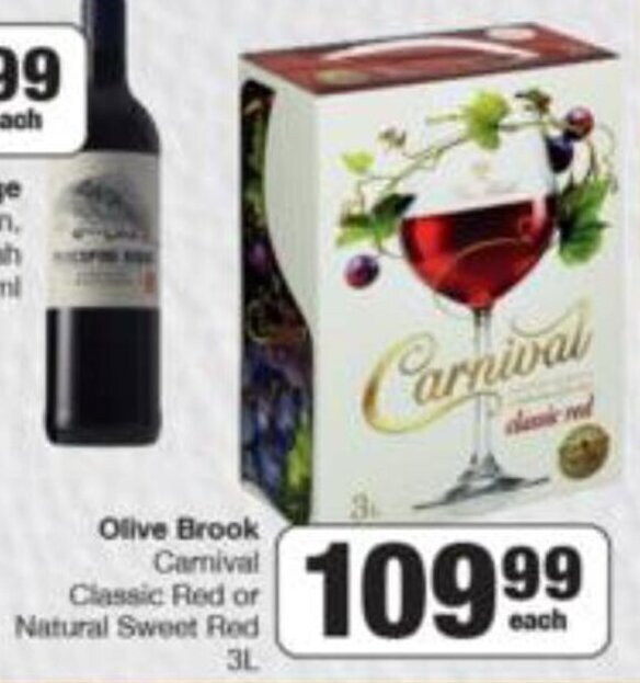 Olive Brook Carnival Classic Red or Natural Sweet Red 3L offer at Spar Tops