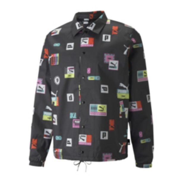 Puma men's graphic black coach jacket offer at Sportscene