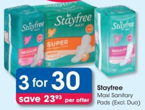 Stayfree Maxi Sanitary Pads offer at Clicks