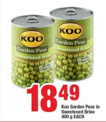 Koo Garden Peas in Sweetened Brine 400g offer at OK Foods