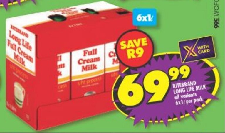Ritebrand Long Life Full Cream Milk all variants 6 x 1L per pack offer at Shoprite