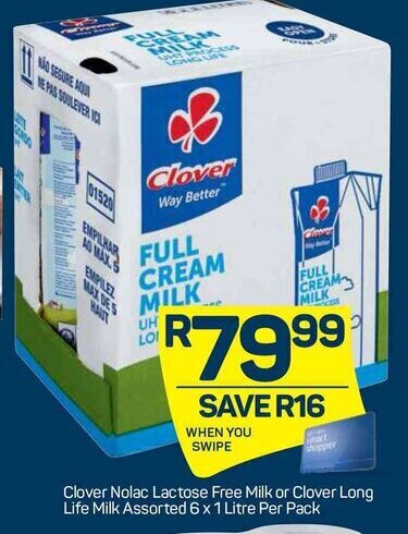 Clover Nolac Lactose Free Milk 6x1 Litre offer at Pick n Pay