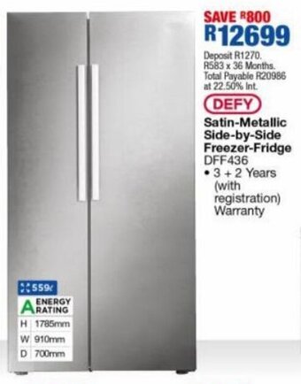Defy Satin-Metallic Side-by-Side Freezer Fridge 559L offer at OK Furniture