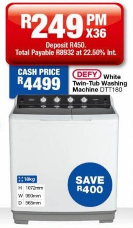 Defy White Tub Washing Machine 18kg offer at OK Furniture