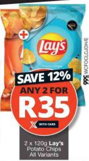 Lay's Potato Chips All Variants 2 x 120g offer at Checkers