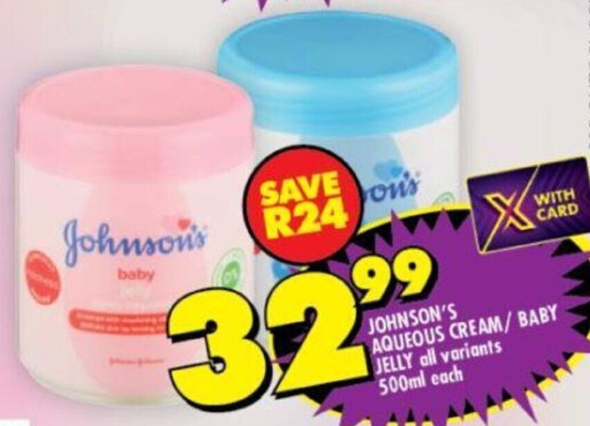 Johnson's Aqueous Cream/Baby Jelly 500ml offer at Shoprite