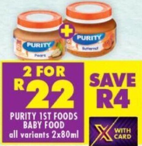 Purity 1st Foods Baby Food 2 x 80ml offer at Shoprite