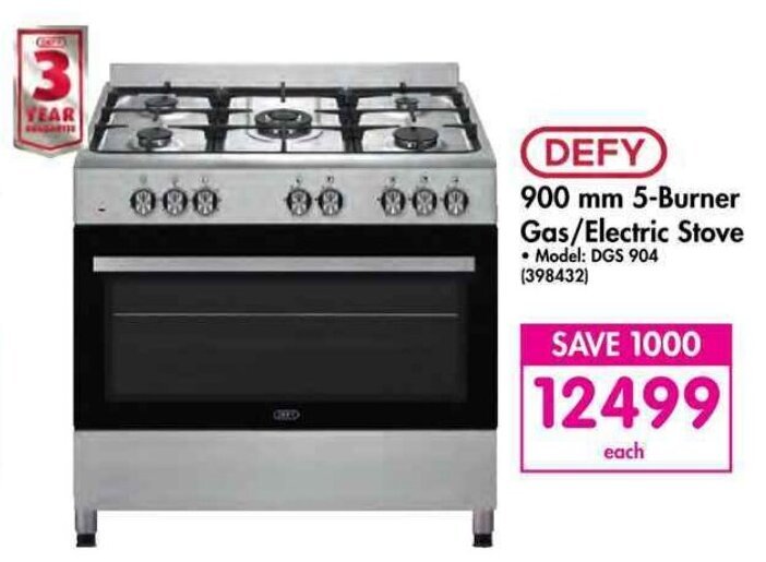 DEFY 900mm 5-Burner Gas / Electric Stove offer at Makro