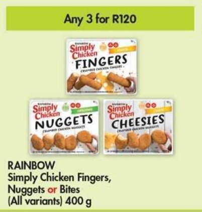 RAINBOW Simply Chicken Fingers, Nuggets or Bites all variants 3 x 400g ...