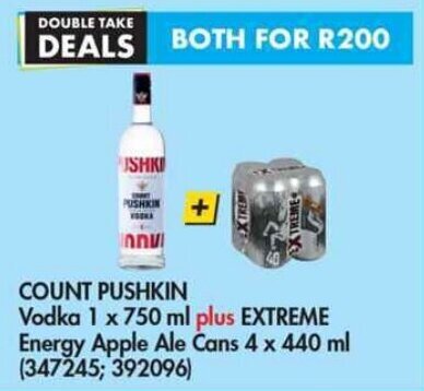 COUNT PUSHKIN Vodka 750ml + EXTREME Energy Apple Ale cans 4 x 440ml ...