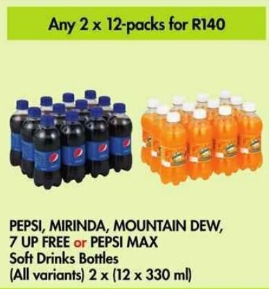PEPSI, MIRINDA, MOUNTAIN DEW, 7UP or PEPSI MAX Soft Drinks 2 x 12 x ...