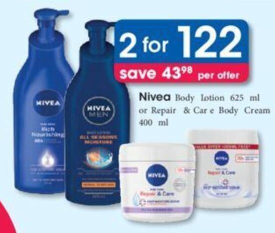 Nivea Body Lotion 625ml or Repair & Care Body Cream 400ml offer at Clicks
