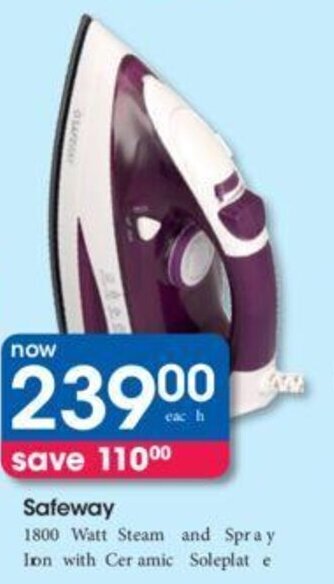 Safeway Steam and Spray Iron with Ceramic Soleplate 1800 watt offer at ...