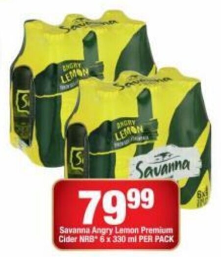 Savanna Angry Lemon Premium Cider NRB 6 x 330ml per pack offer at OK Liquor
