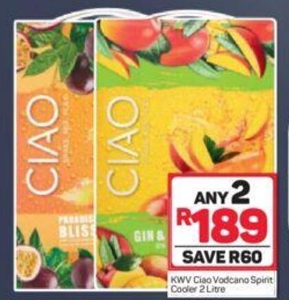 KWV Ciao Vodcano Spirit Cooler 2 Litre offer at Pick n Pay