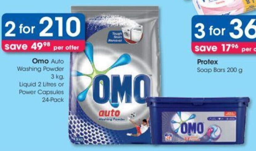 Omo Auto Washing Powder 3kg, Liquid 2 litres or Power Capsules 24-pack ...