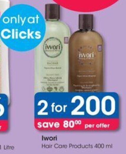 Iwori Hair Care Products 2 x 400ml offer at Clicks