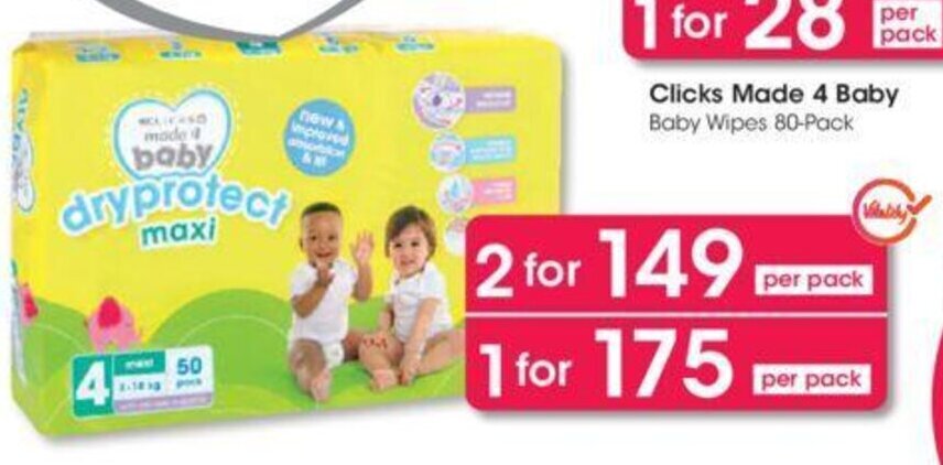 Clicks+ Made 4 Baby Dry-Protect Maxi Disposable Nappies offer at Clicks