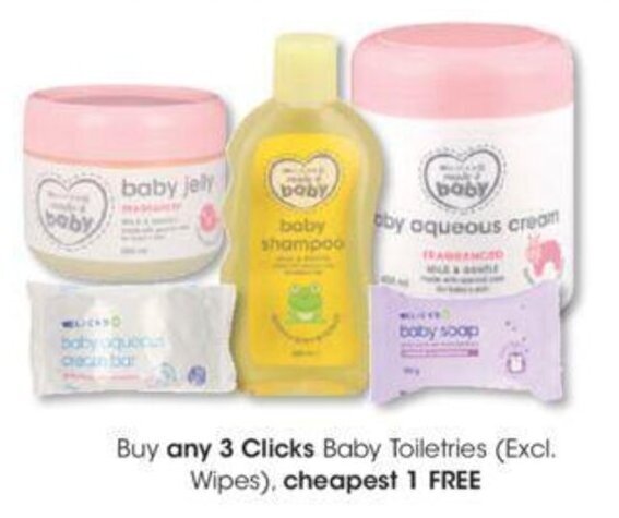 Buy any 3 Clicks+ Baby Toiletries cheapest 1 FREE offer at Clicks