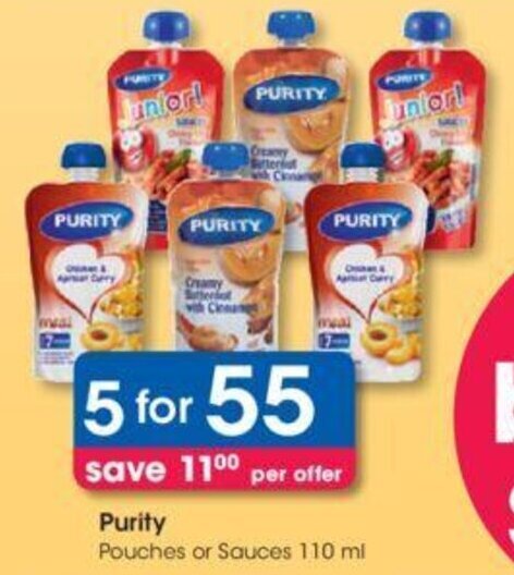 Purity Pouches or Sauces 5 x 110ml offer at Clicks