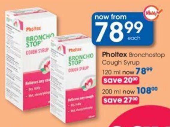 Pholtex Broncho Stop Cough Syrup 120ml offer at Clicks