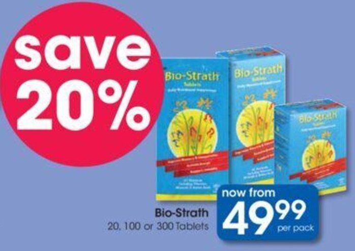 Bio-Strath 20, 100 or 300 tablets offer at Clicks