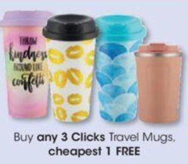 Buy any 3 Clicks+ Travel Mugs cheapest 1 FREE offer at Clicks