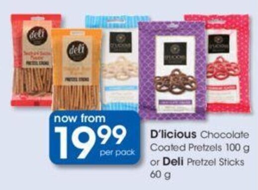 D'licious Chocolate Coated Pretzels 100g or Deli Pretzel Sticks 60g ...
