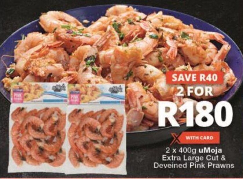 2 x 400g uMoja Extra Large Cut & Deveined Pink Prawns offer at Checkers