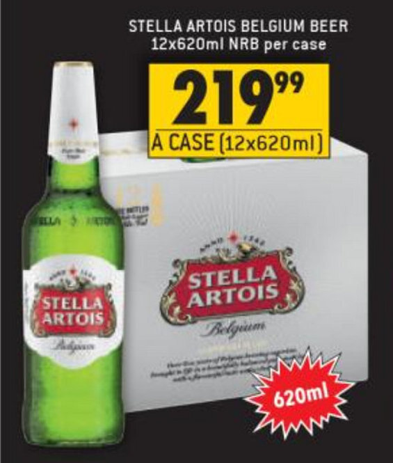 Stella Artois Belgium Beer 12x620ml NRB per case offer at Shoprite Liquor
