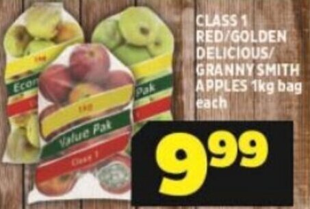 Class 1 Red / Golden Delicious Granny Smith Apples 1kg bag offer at Usave