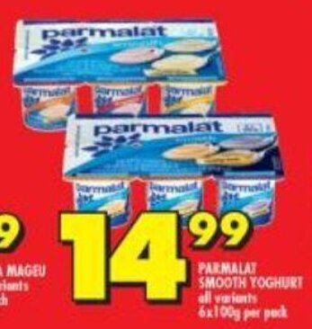 Parmalat Smooth Yoghurt all variants 6 x 100g per pack offer at Shoprite