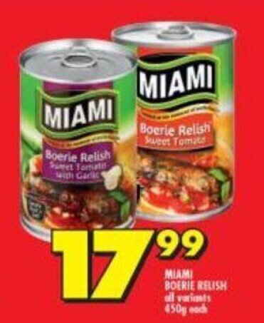 Miami Boerie Relish all variants 540g offer at Shoprite