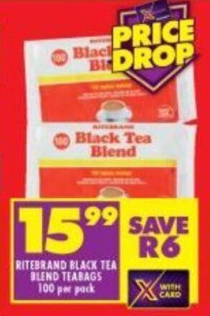 Ritebrand Black Tea Blend Teabags 100 per pack offer at Shoprite