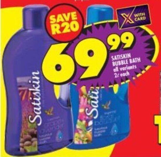 Satiskin Bubble Bath all variants 2L offer at Shoprite
