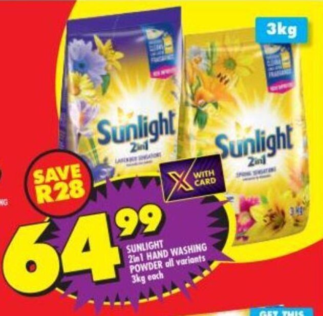 Sunlight 2in1 Hand Washing Powder all variants 3kg offer at Shoprite