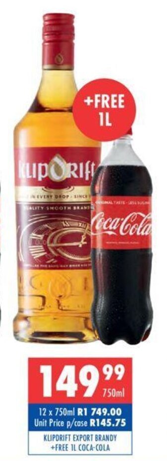 Klipdrift Export Brandy 750ml + Free 1L Coca-Cola offer at Ultra Liquors