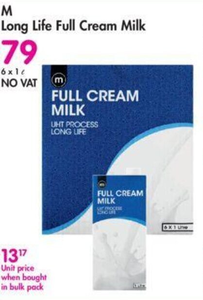 M Long Life Full Cream Milk 6 x 1L offer at Makro