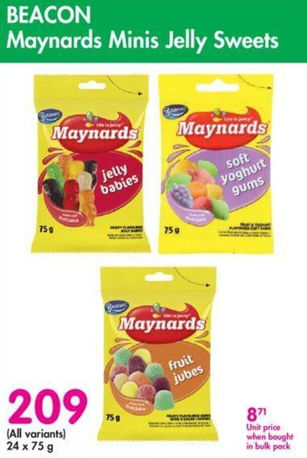 Beacon Maynards Minis Jelly Sweets all variants 24 x 75g offer at Makro