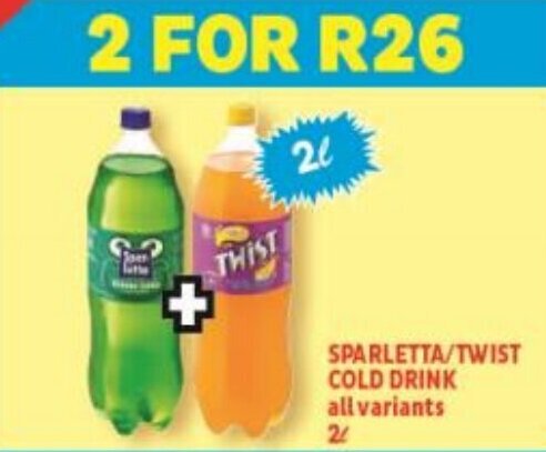Spar Letta / Twist Cold Drinks all variants 2 x 2L offer at Usave