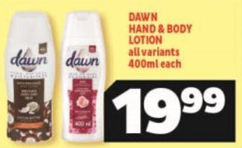 Dawn Hand & Body Lotion all variants 400ml offer at Usave