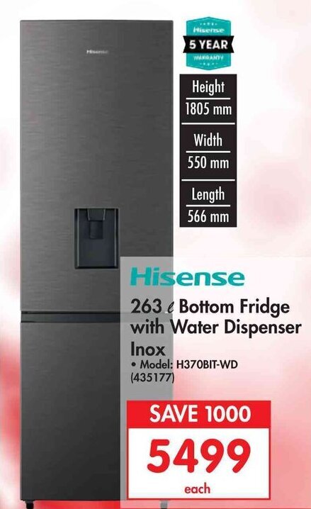 Hisense 263L Bottom Fridge with Water Dispenser Inox offer at Makro