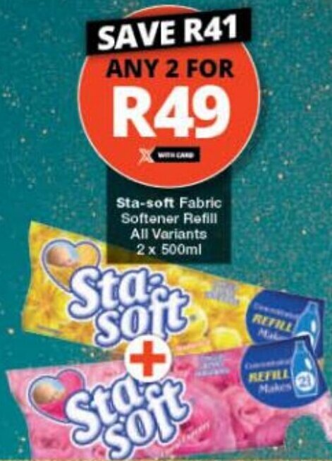 Sta-Soft Fabric Softener Refill All Variants 2 x 500ml offer at Checkers