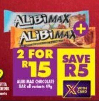 Alibi Max Chocolate Bar All Variants 49g offer at Shoprite