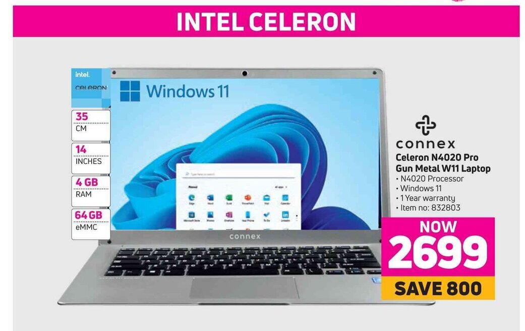 Connex Celeron N4020 Pro Gun Metal W11 Laptop offer at Game