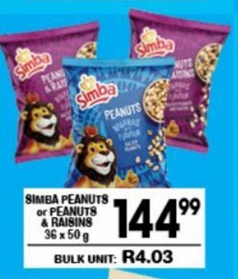 Simba Peanuts or Peanuts & Raisins 36 x 50g offer at Giant Hyper