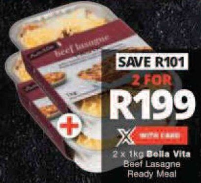 2 x 1kg Bella Vita Beef Lasagna Ready Meal offer at Checkers