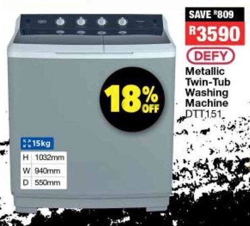 Defy Metallic Twin Tub Washing Machine 15kg offer at OK Furniture