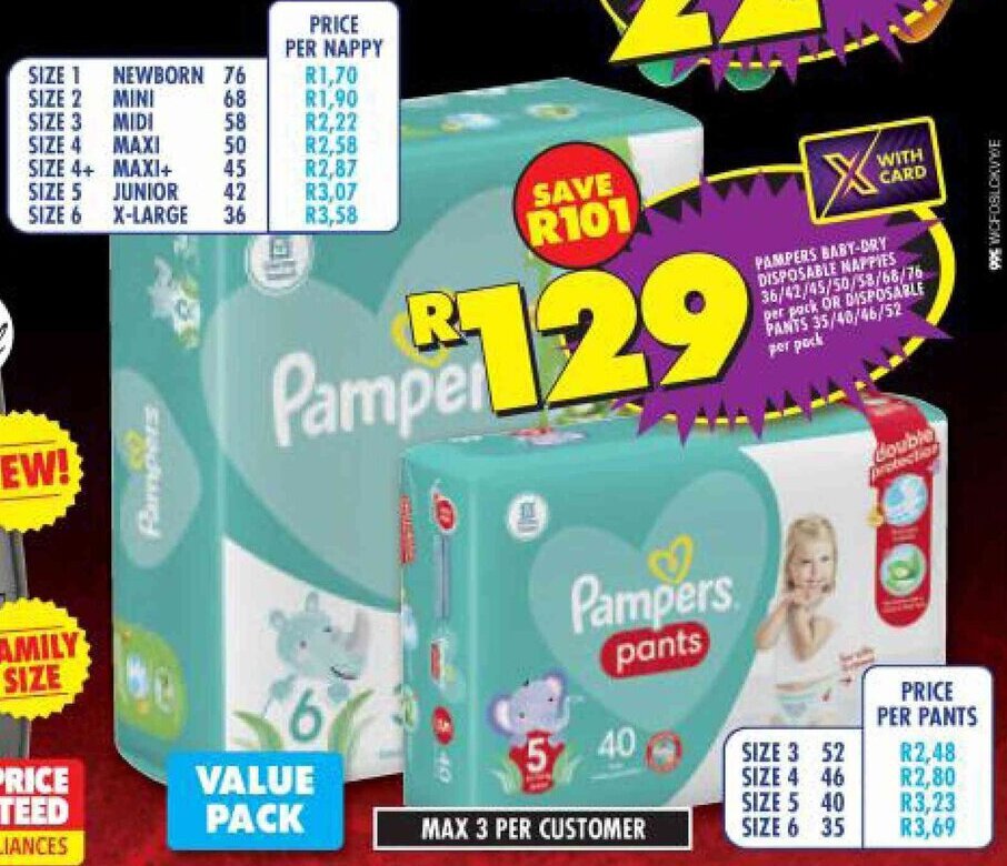 Pampers Baby Dry Disposable Nappies / Pants value pack offer at Shoprite